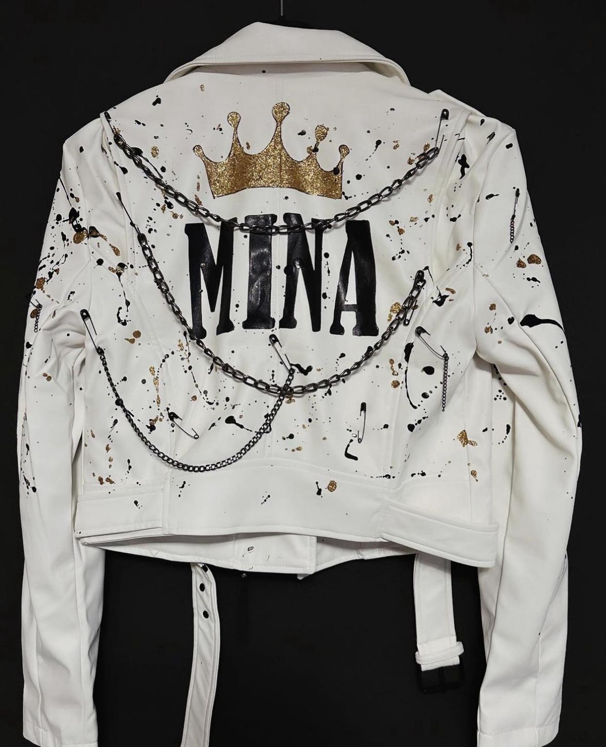 Geaca biker alba - accesorizata si personalizata cu nume - CustomIXLT